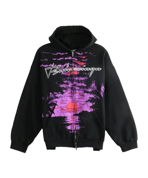 Balenciaga Distressed Graphic Zip-up Hoodie - Black