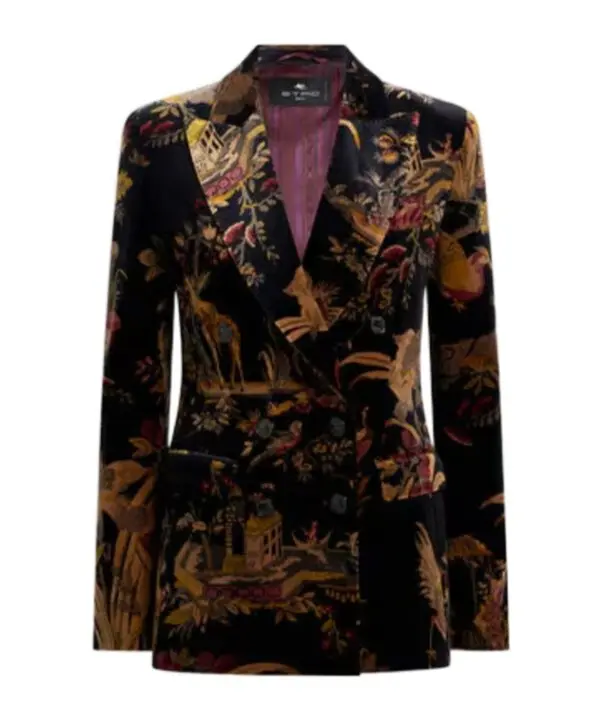 Etro Double-breasted Velvet Jacket With Floral And Animal Print - Black