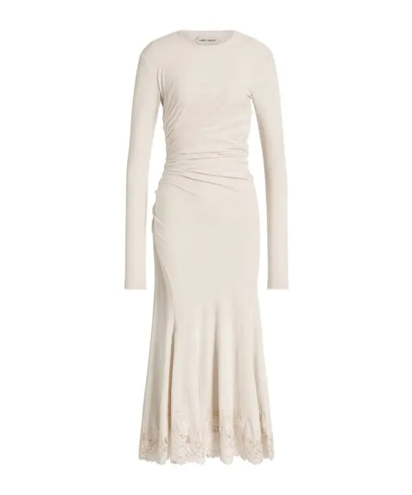 Alberta Ferretti Long Sleeve Lace Trim Midi Dress - White