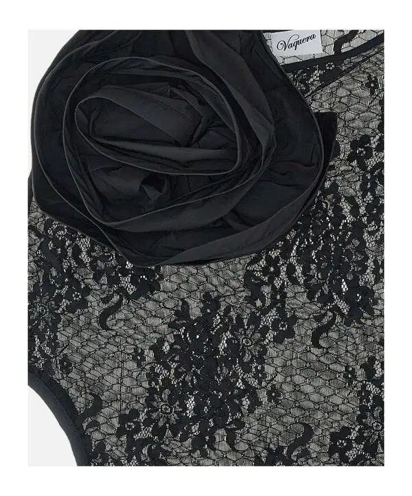 Vaquera Asymmetric Floral Lace Top With Fabric Flower Detail