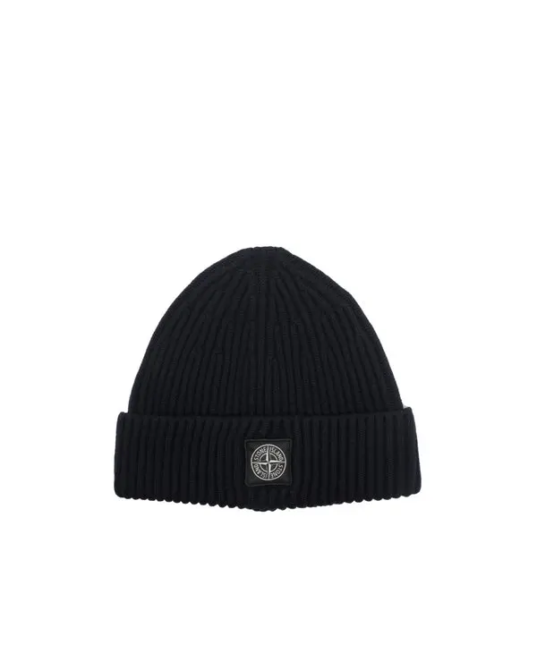Stone Island Ribbed Knit Beanie With Logo Patch