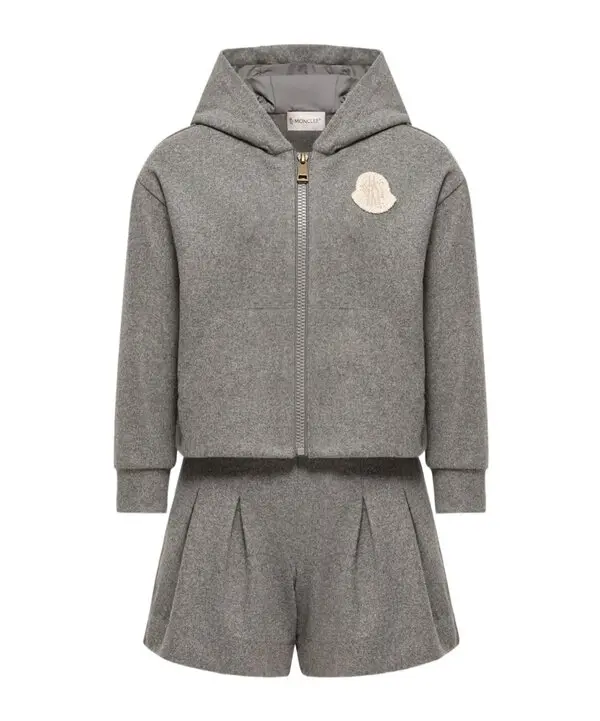 Moncler Wool Jersey Zip-up Hooded Top And Pleated Shorts Set - Grey