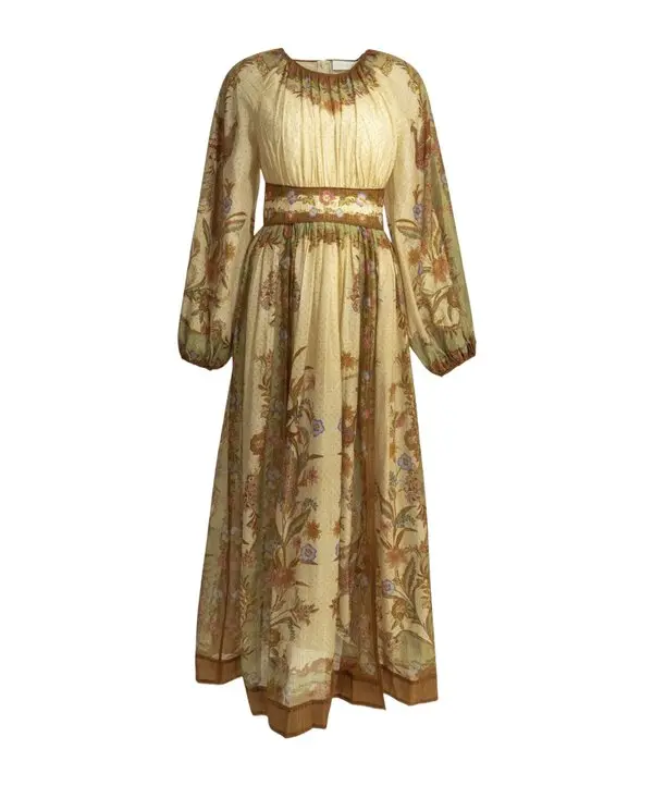 Zimmermann Round Neck Maxi Dress With Puffed Sleeves And Ruffled Appliqués - Brown