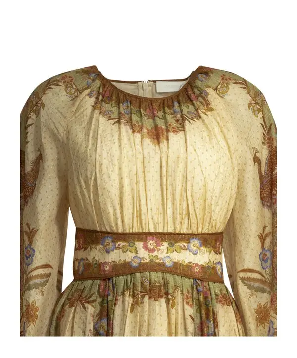 Zimmermann Round Neck Maxi Dress With Puffed Sleeves And Ruffled Appliqués