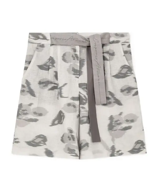 Emporio Armani Linen Bermuda Shorts With A Chiné Flower Print And Belt - Patterned