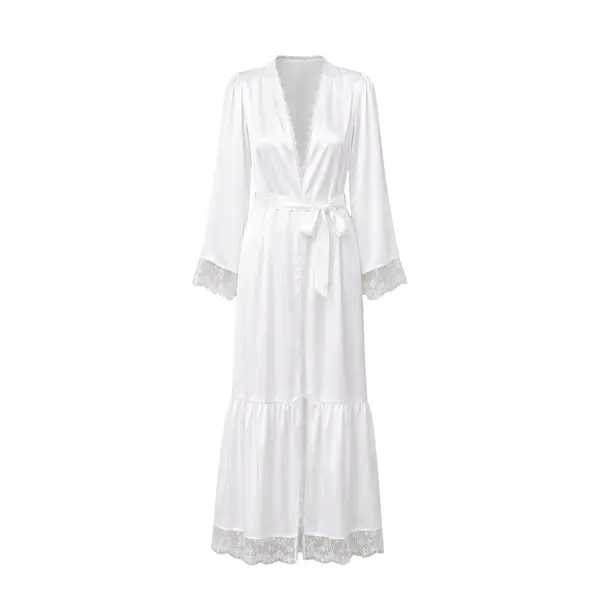 OH!ZUZA NIGHT&DAY White / Gold Grace Satin Viscose Long Robe Chiffon Lace Cream - White/gold