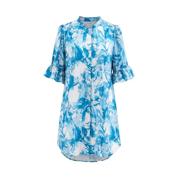 OH!ZUZA NIGHT&DAY Blue / White Frida Satin Viscose Nightdress Frill Sleeves Blue Print - Blue/white