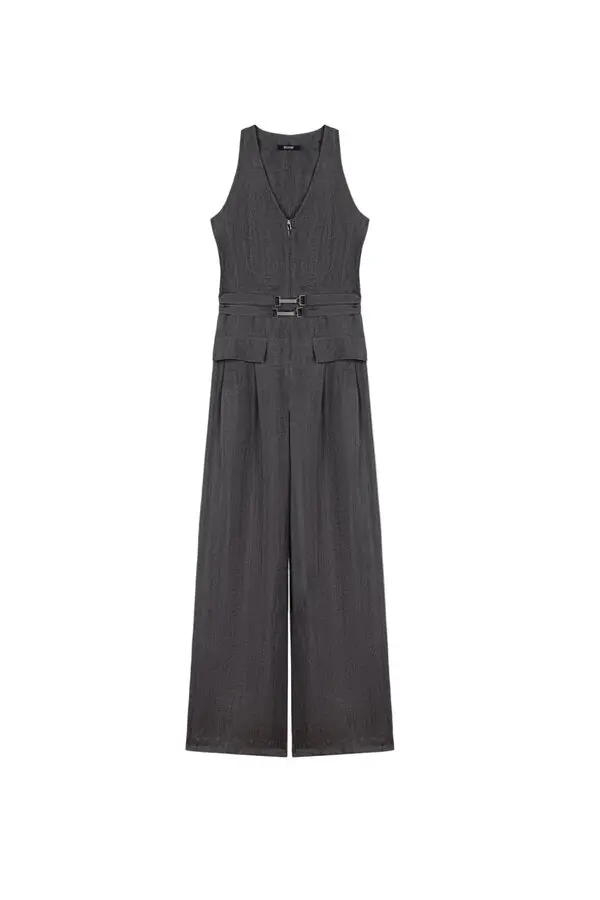 NOCTURNE Sleeveless V-neck Jumpsuit With Metal Belt Detail - Grey
