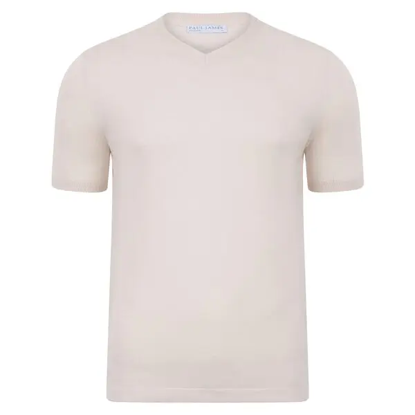 PAUL JAMES KNITWEAR Neutrals Ultra Fine Cotton Hudsonn High V Neck Knitted T-shirt Ecru - Beige