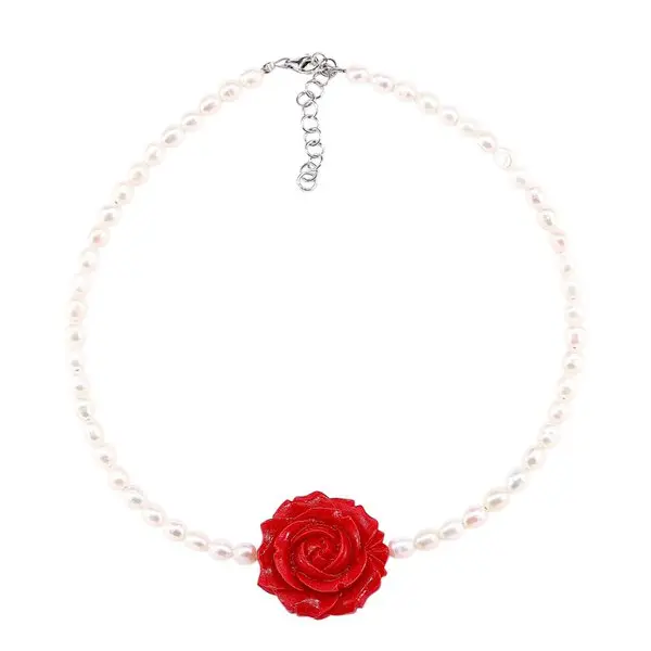 MINERALGEMS ✩ STUDIO Pearl Choker With Resin Rose - White/red