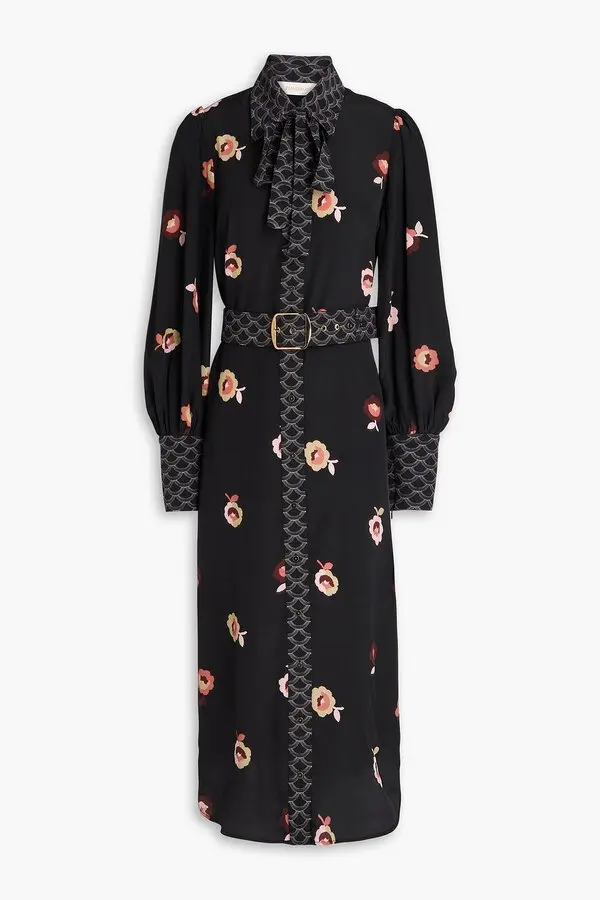 Zimmermann Belted Floral-print Crepe De Chine Midi Dress - Black