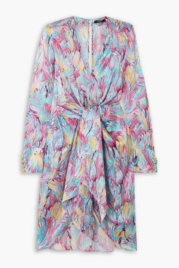Balmain Embellished Draped Printed Silksatin Mini Dress - Light Blue