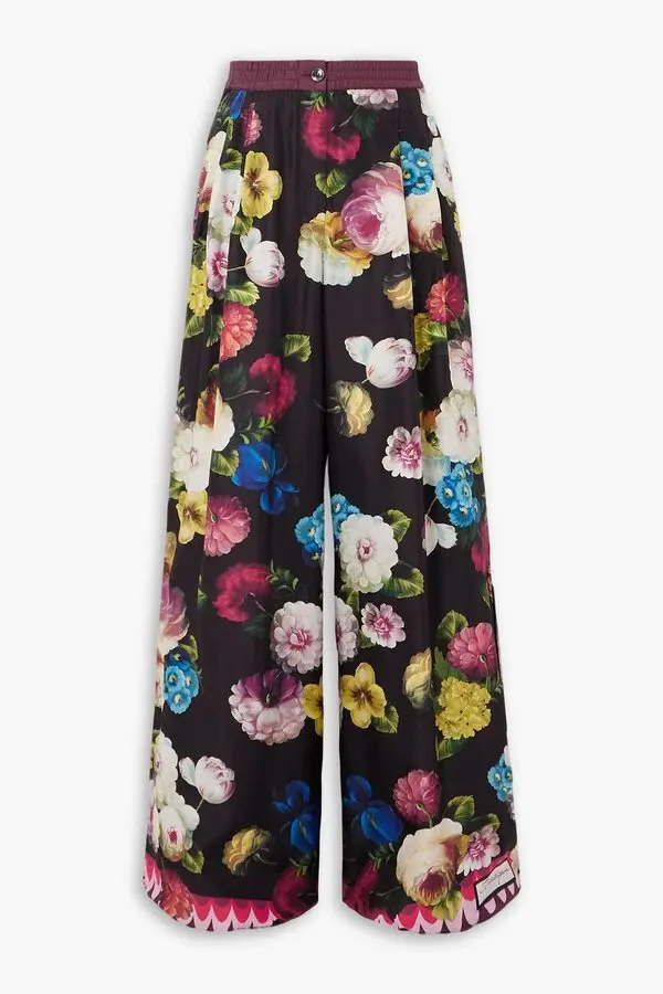 Dolce & Gabbana Floralprint Silktwill Wideleg Pants - Black