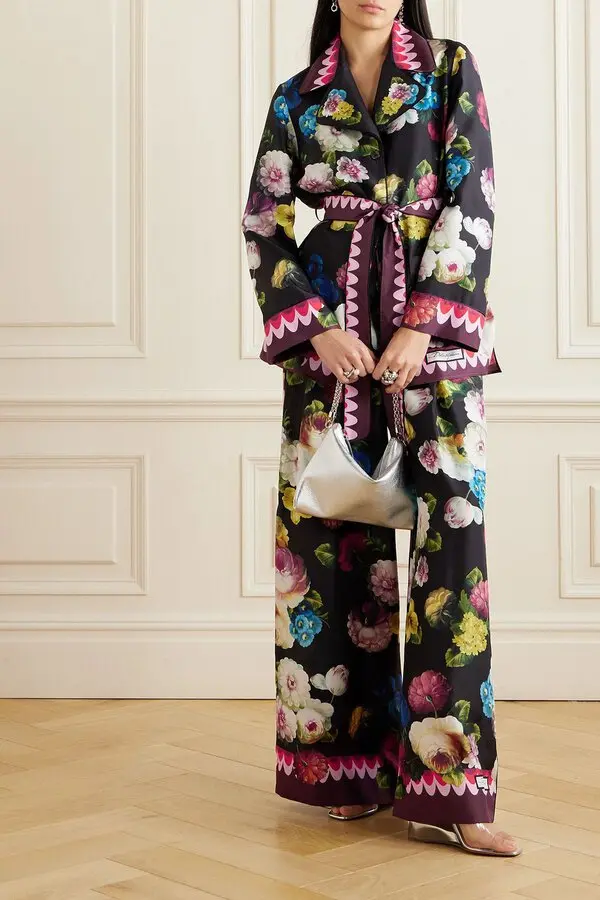 Dolce & Gabbana Floral Print Silk Twill Wide-leg Trousers