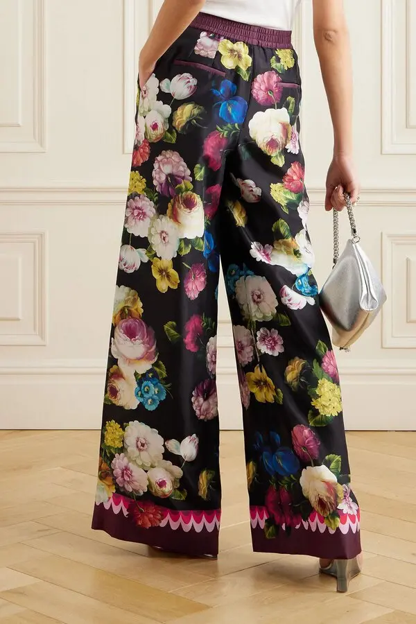 Dolce & Gabbana Floral Print Silk Twill Wide-leg Trousers
