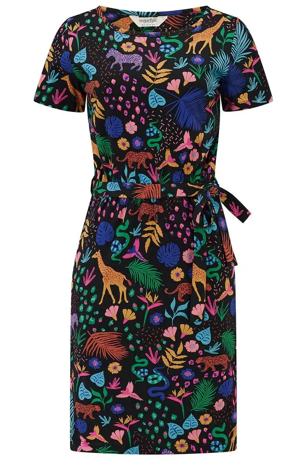 SUGARHILL BRIGHTON Terri Jersey Mini Dress Jungle Spirit Print - Black