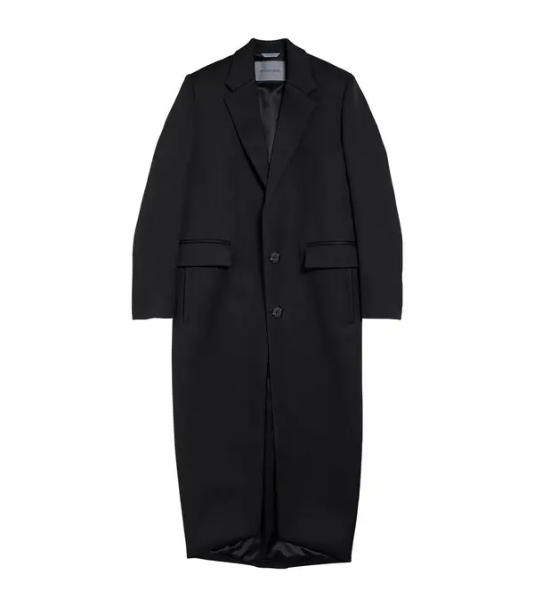 Balenciaga Wool Long Trench Coat - Black