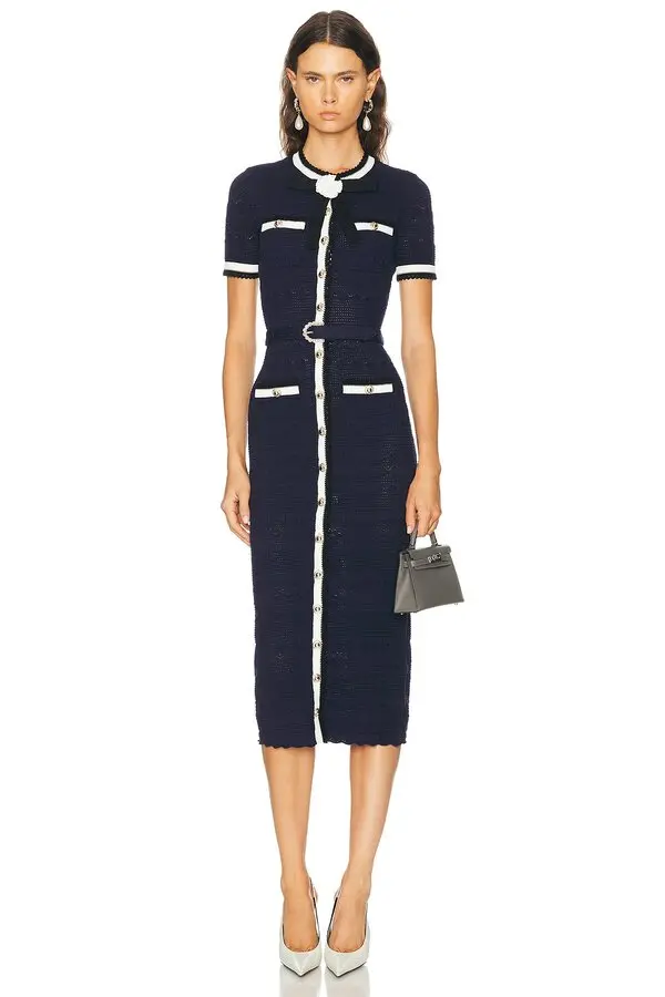 SELF-PORTRAIT Pointelle Knit Midi Dress - Navy