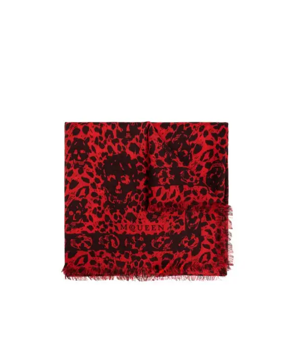 Alexander McQueen Leopard Printed Fringed-edge Scarf - Red