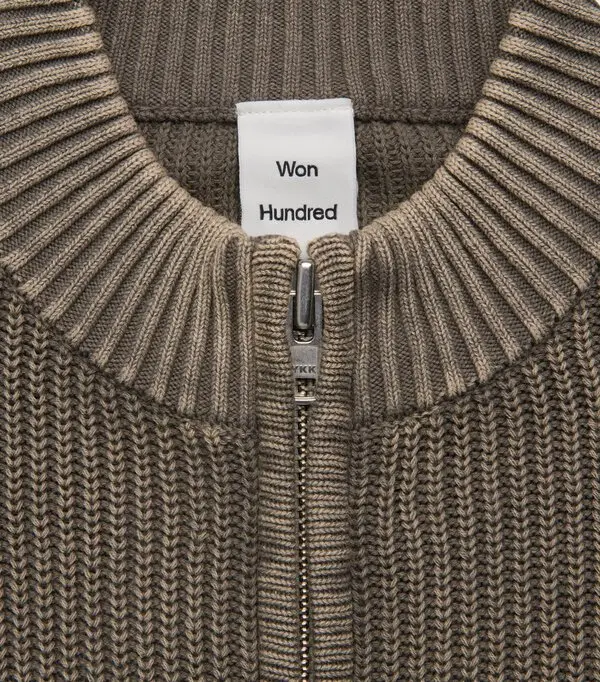 WON HUNDRED Cotton Knitted High Neck Zip Up Cardigan - Grey
