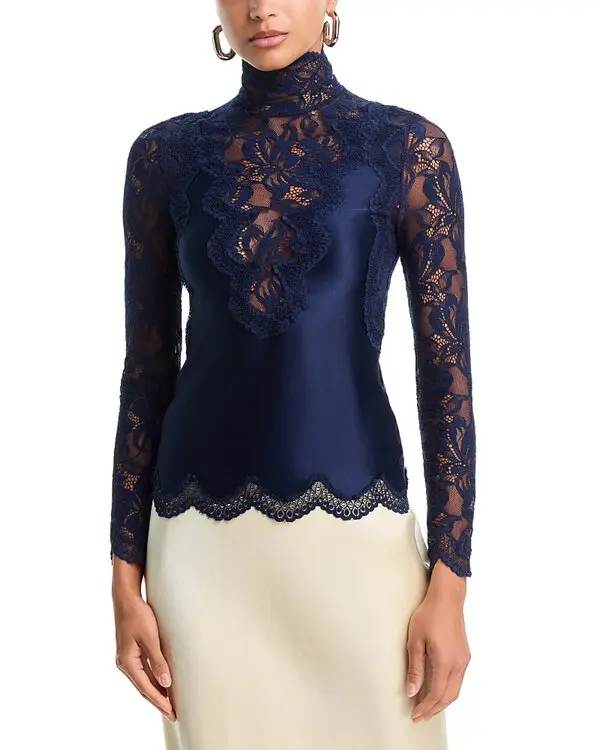 Rabanne Lace Mock Neck Top - Deep Navy