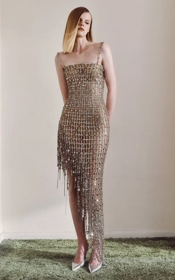 Monse Crystal-chain Cascading Hem Midi Dress