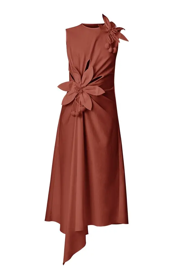 Monse Floral-applique Asymmetrical Stretch-cotton Midi Dress - Brown