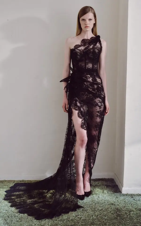 Monse One Shoulder Draped Lace Gown