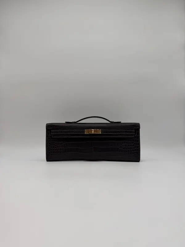 Hermès Kelly Handbag In Graphite Matt Porosus Leather With Permabrass Hardware - Grey