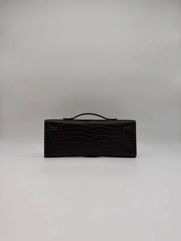 Hermès Kelly Handbag In Graphite Matt Porosus Leather With Permabrass Hardware - Grey