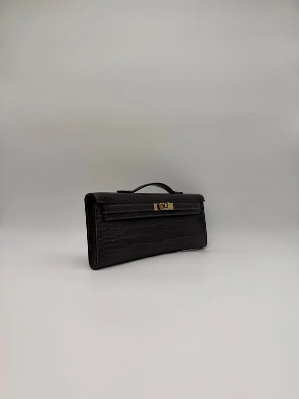 Hermès Kelly Handbag In Graphite Matt Porosus Leather With Permabrass Hardware - Grey