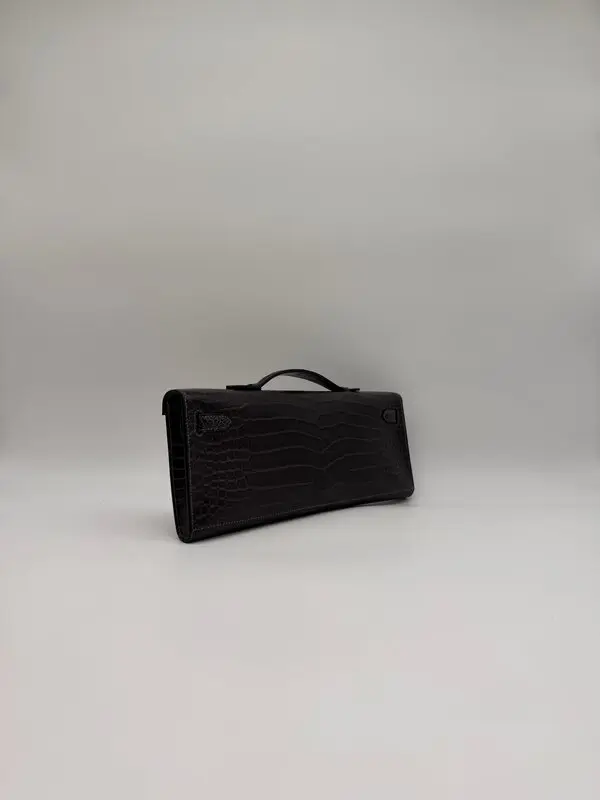 Hermès Kelly Handbag In Graphite Matt Porosus Leather With Permabrass Hardware - Grey