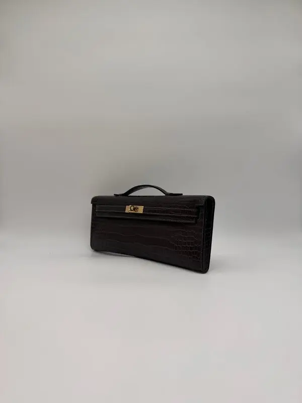 Hermès Kelly Handbag In Graphite Matt Porosus Leather With Permabrass Hardware - Grey