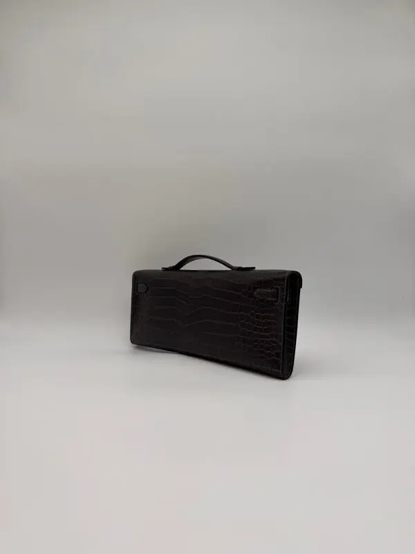 Hermès Kelly Handbag In Graphite Matt Porosus Leather With Permabrass Hardware - Grey