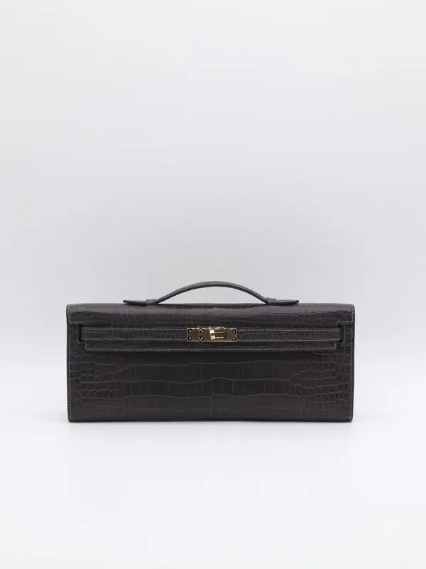 Hermès Kelly Handbag In Graphite Matt Porosus Leather With Permabrass Hardware - Grey