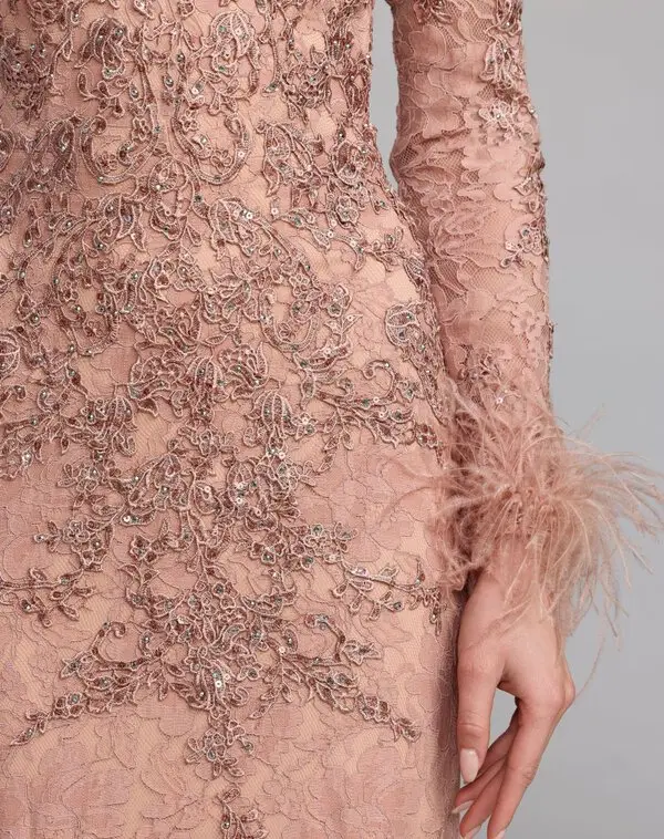 MAC DUGGAL COLLECTION Long Sleeve Feather Embellished Mermaid Gown