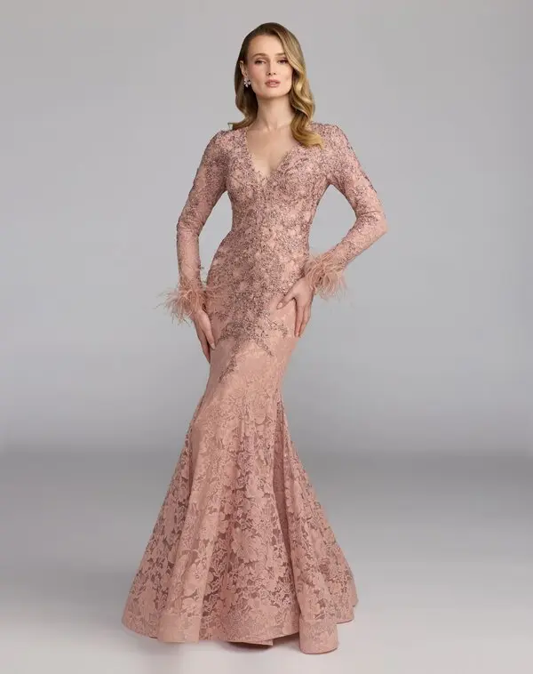 MAC DUGGAL COLLECTION Long Sleeve Feather Embellished Mermaid Gown