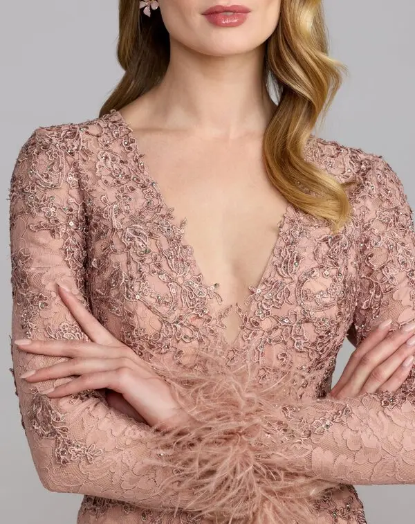 MAC DUGGAL COLLECTION Long Sleeve Feather Embellished Mermaid Gown
