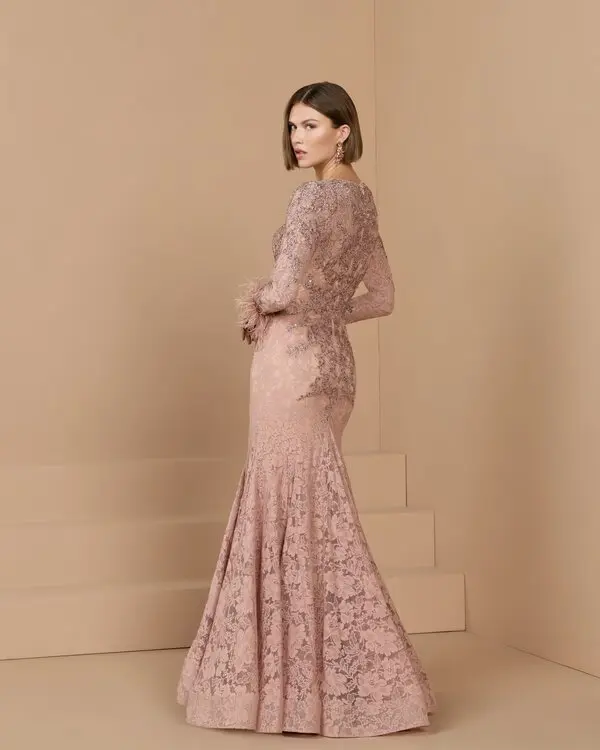 MAC DUGGAL COLLECTION Long Sleeve Feather Embellished Mermaid Gown