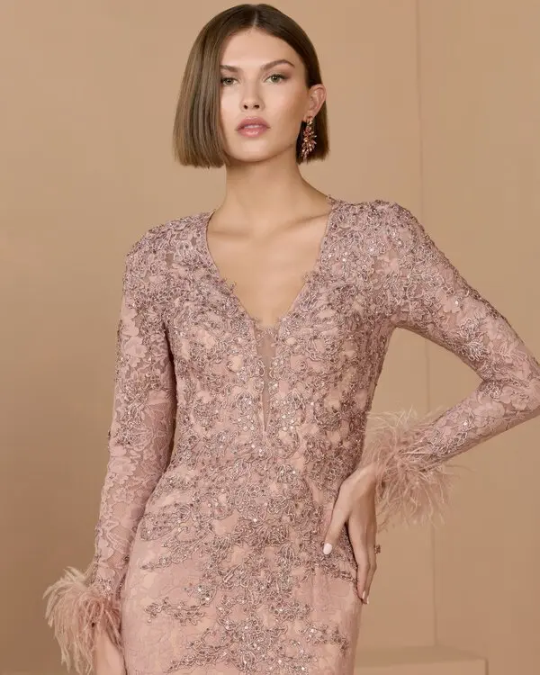 MAC DUGGAL COLLECTION Long Sleeve Feather Embellished Mermaid Gown