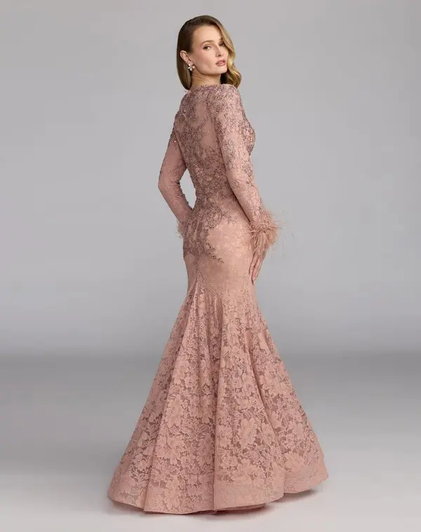 MAC DUGGAL COLLECTION Long Sleeve Feather Embellished Mermaid Gown