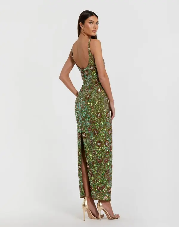 mac duggal green embellished mesh sleeveless scoop neck midi dress Petite Hand Beaded Floral Model is wearing a
