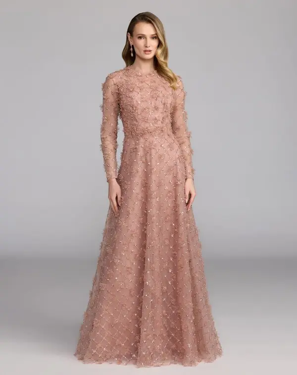 MAC DUGGAL COLLECTION Embellished High Neck Long Sleeve A-line Gown