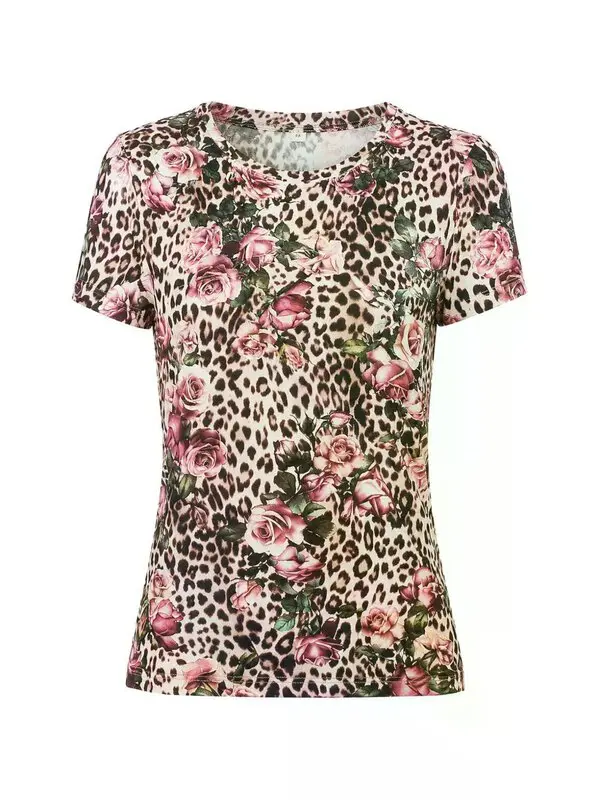 L'Agence Cheetah Print Rose Motif T-shirt - Neutrals