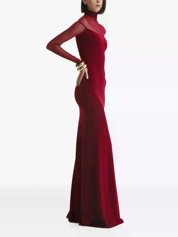 2310 STUDIO Mesh Panelled Long Sleeve Maxi Dress - Red