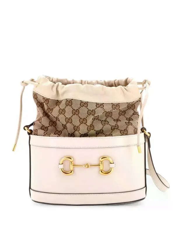 Gucci Horsebit 1955 Small Bucket Bag In Leather And Gg Canvas - Neutrals