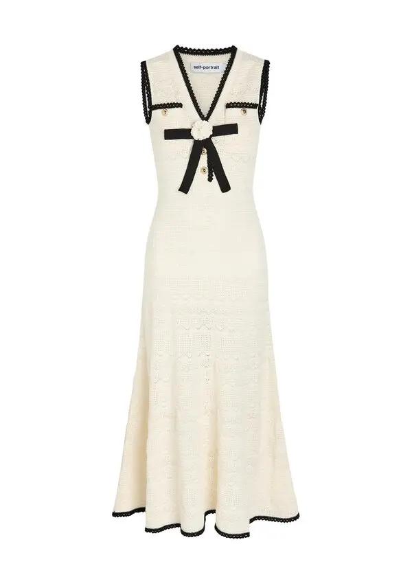 SELF-PORTRAIT Pointelle Knit Midi Dress With Floral Brooch