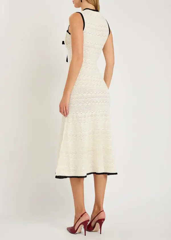SELF-PORTRAIT Pointelle Knit Midi Dress With Floral Brooch