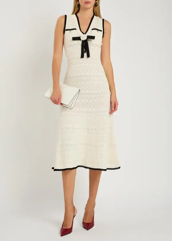 SELF-PORTRAIT Pointelle Knit Midi Dress With Floral Brooch