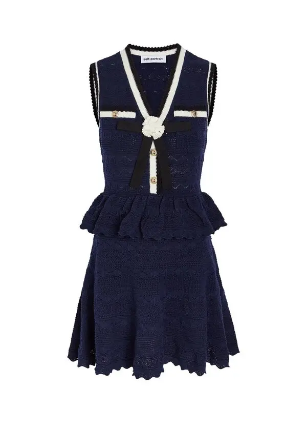 SELF-PORTRAIT Peplum Pointelle-knit Mini Dress